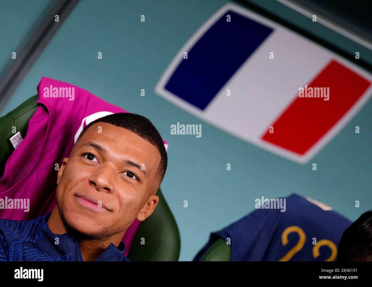 France's Kylian Mbappe sits on the bench during the FIFA World Cup ...