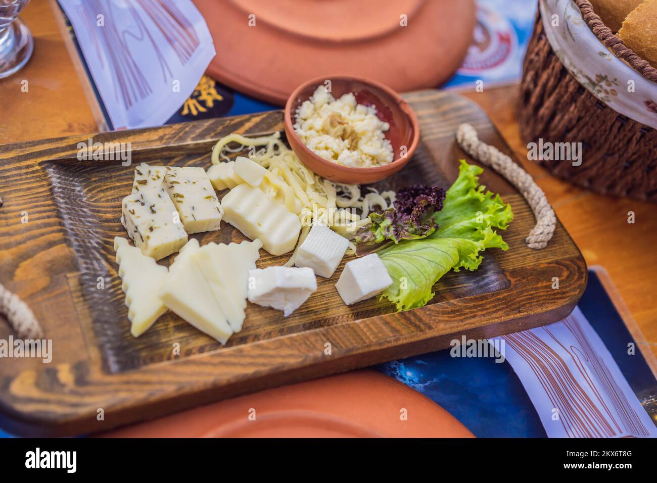 Turkish breakfast cheese. Pastries, vegetables, greens, olives, cheeses ...