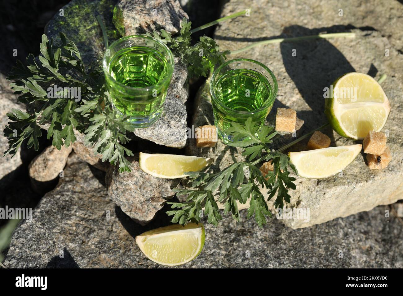 green absinthe drink pattern on the stones background with copy space ...