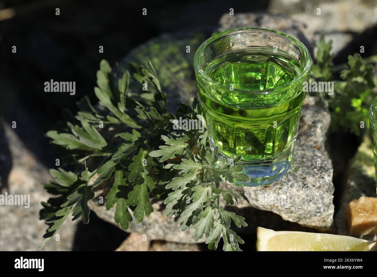 green absinthe drink pattern on the stones background with copy space ...