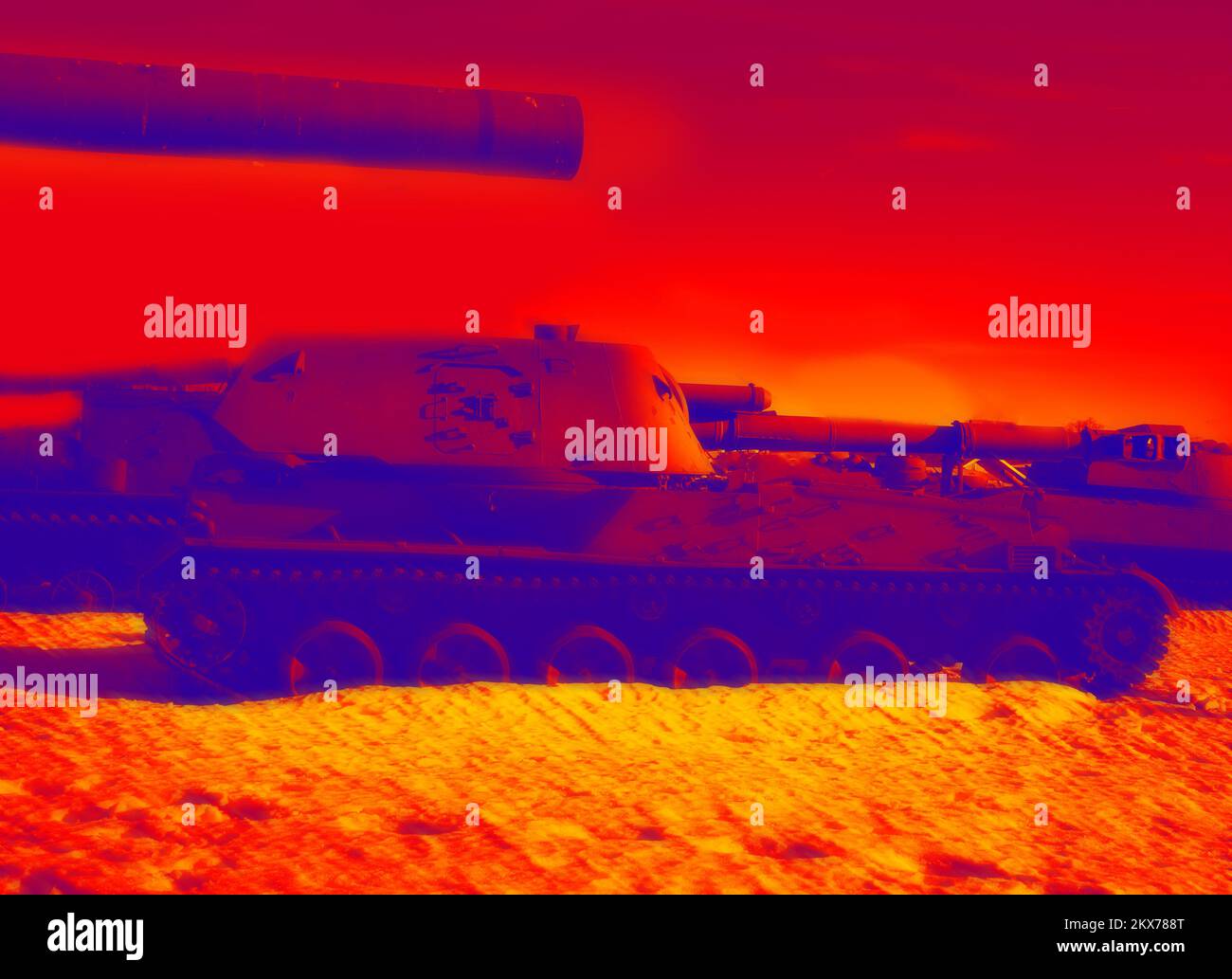 Night fighting Russian military tank. Illustration of thermal image ...
