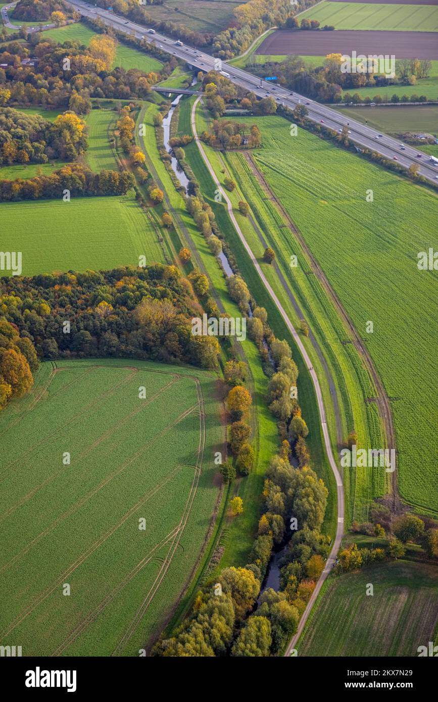 Aerial view, Seseke bike path, autumn colors, river Seseke, Methler ...