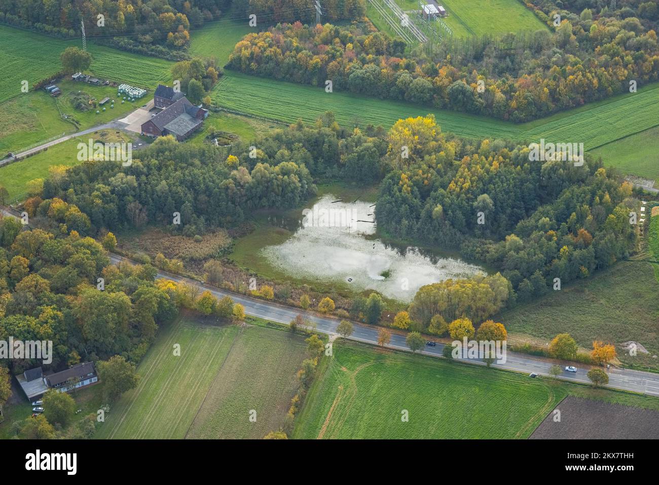 Aerial view, swan pond at the new route for the L821n bypass between ...