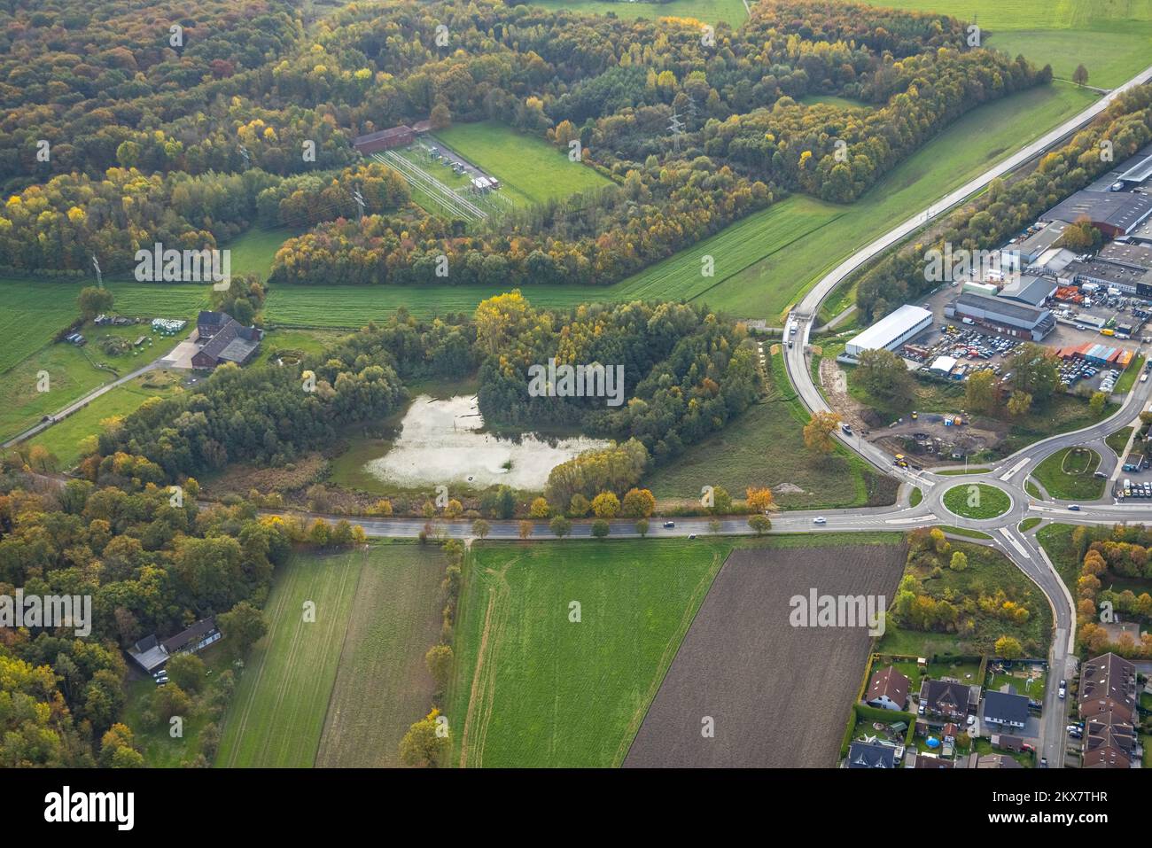 Aerial view, swan pond at the new route for the L821n bypass between ...