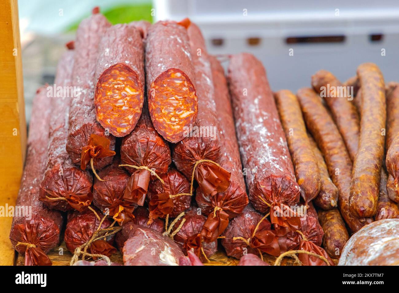Stack of Dried Cured Spicey Sausages Delicatessen Pork Meat Stock Photo ...