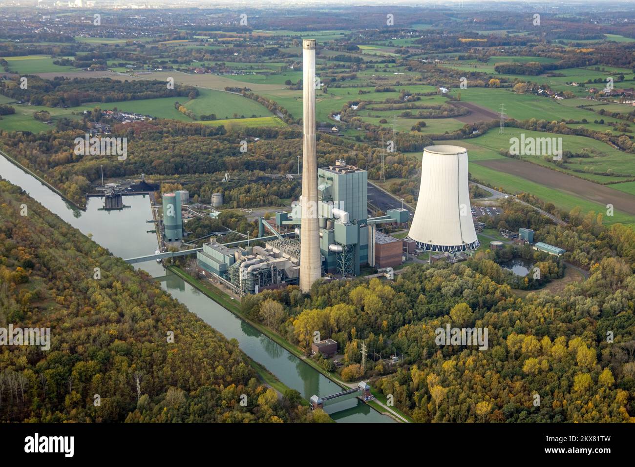Aerial view, Bergkamen power plant, Datteln-Hamm canal, Heil, Bergkamen ...