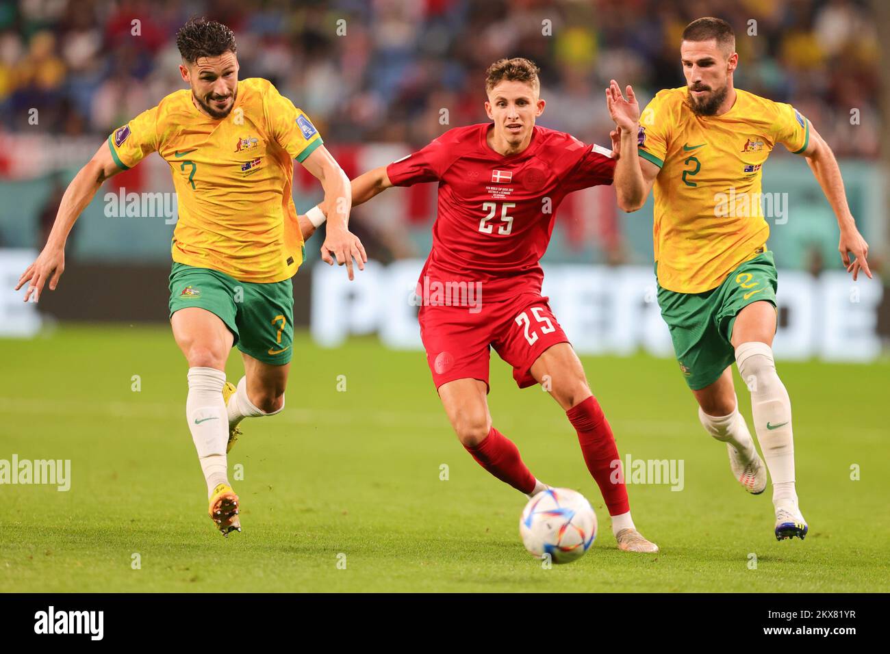 Al Wakrah, Qatar. 30th Nov, 2022. Jesper Lindstrom of Denmark attacks ...