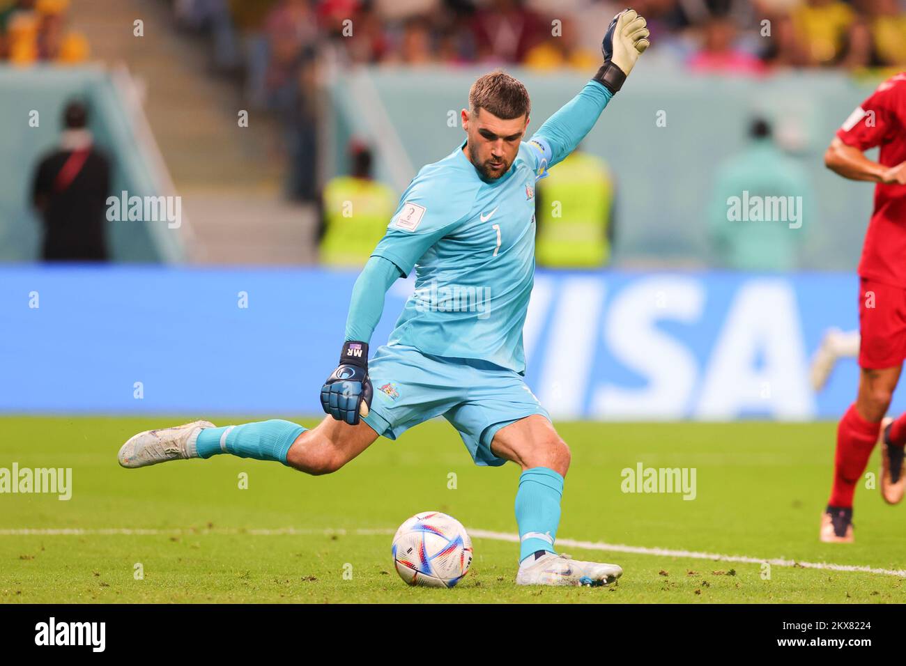 Al Wakrah, Qatar. 30th Nov, 2022. Mathew Ryan of Australia kicks the ...