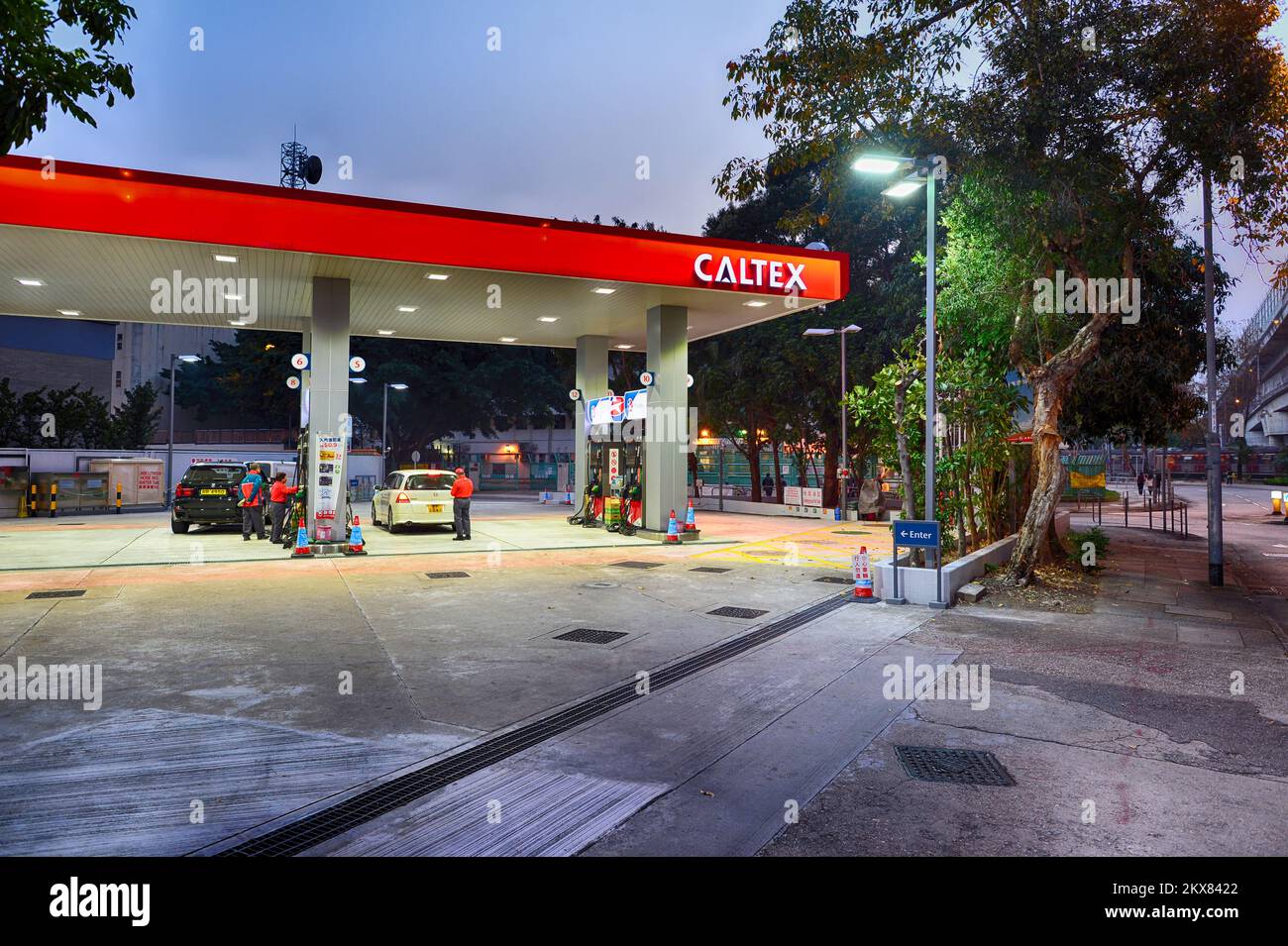 HONG KONG - FEBRUARY 04, 2015: Caltex fuel station at evening. Caltex ...