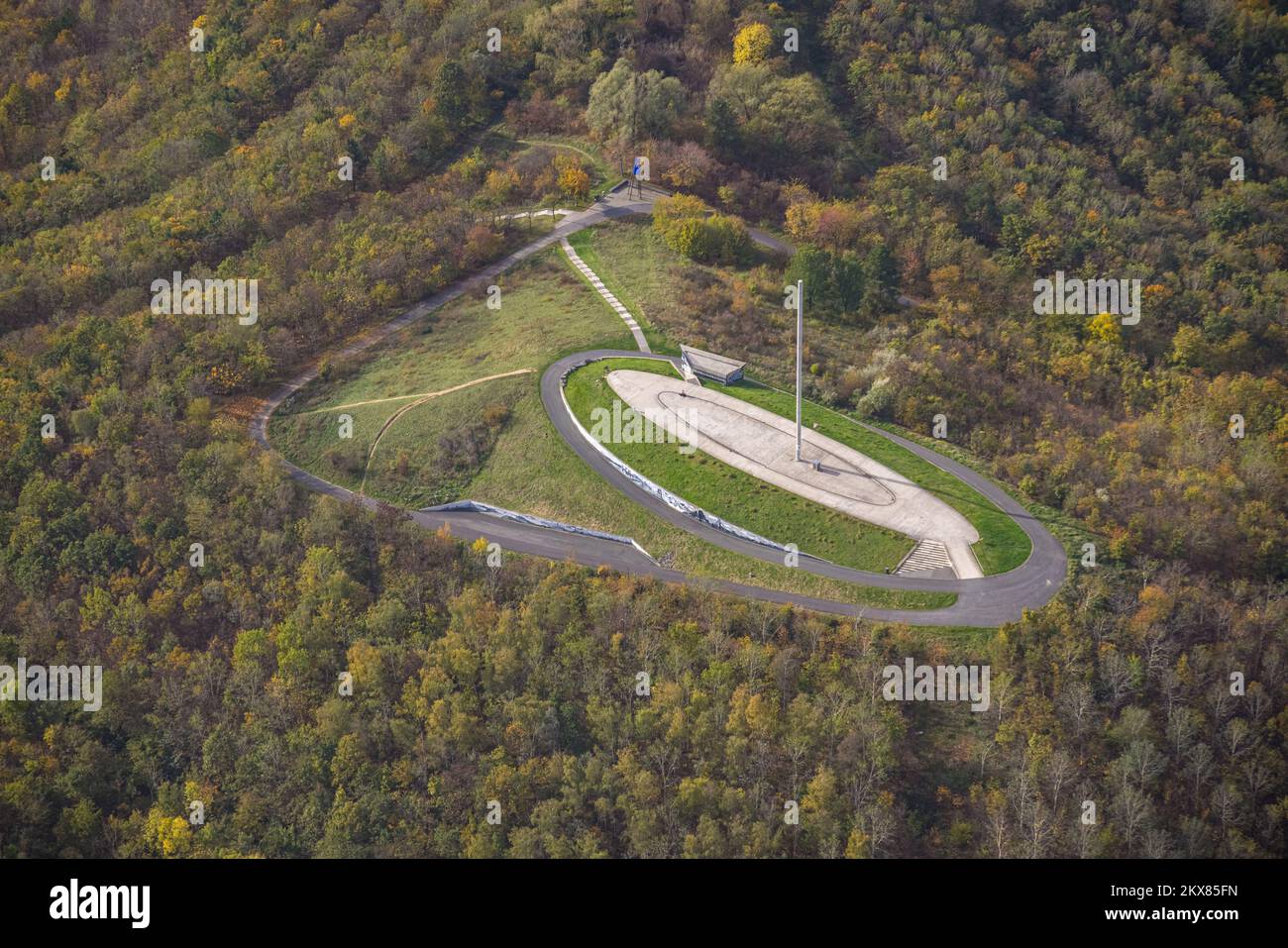 Aerial view, slag heap Großes Holz, forest Großes Holz in autumn colors ...