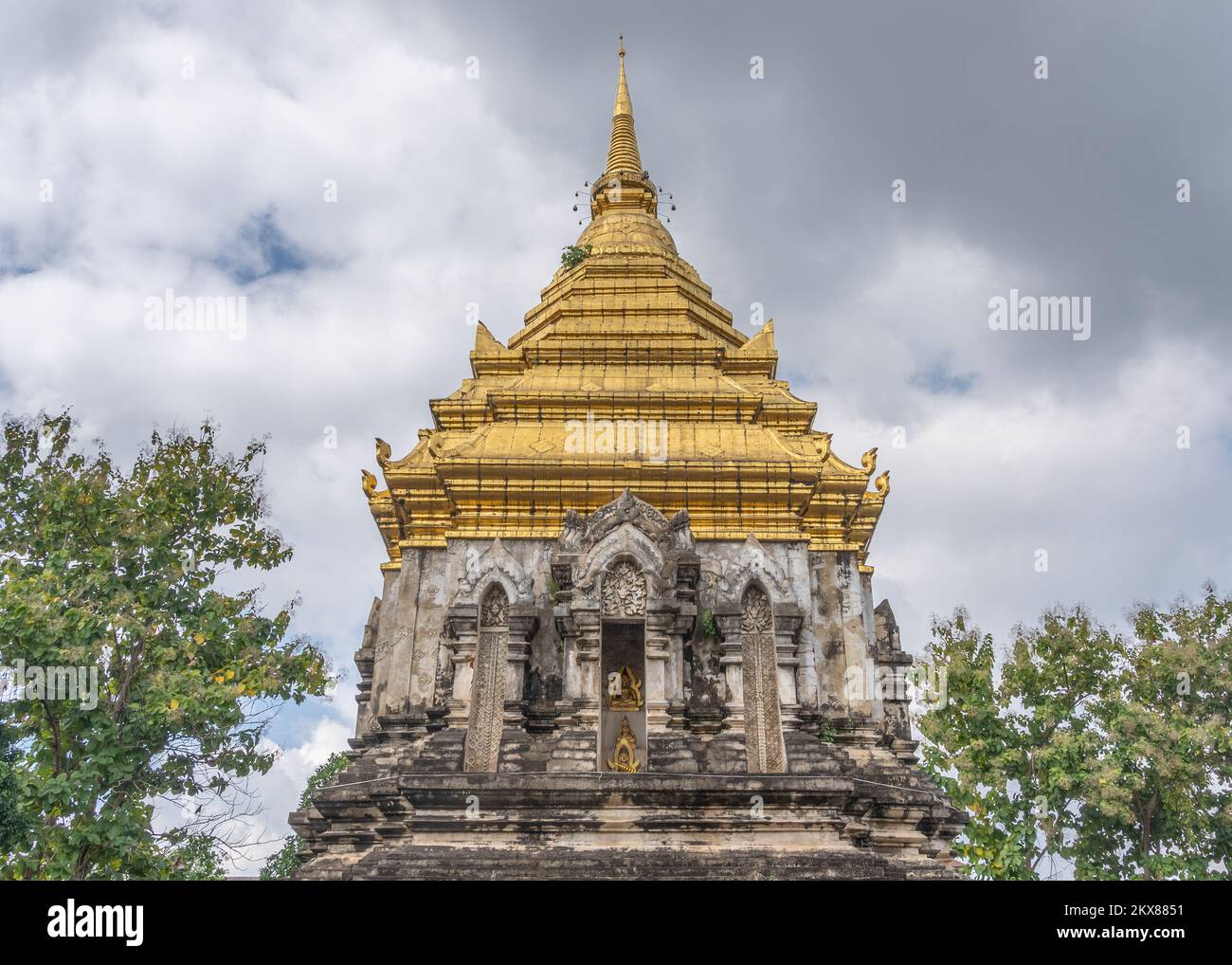 Low angle landscape view of beautiful golden stupa at ancient landmark ...