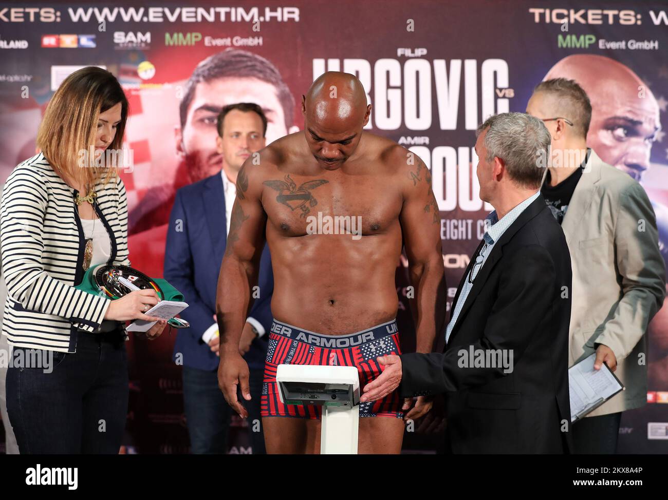 07.09.2018., Zagreb - Boxer Amir Mansour of USA steps on the scale ...
