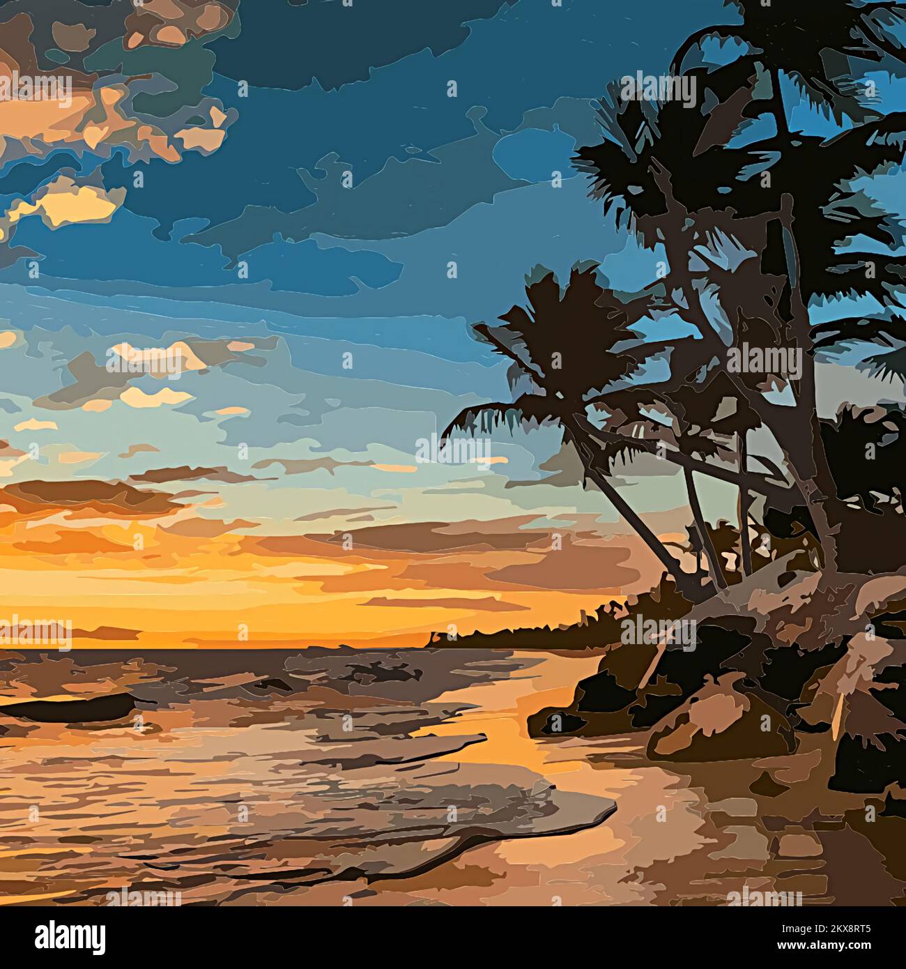 illustration of a sunset view of the sea on a beach Stock Photo - Alamy