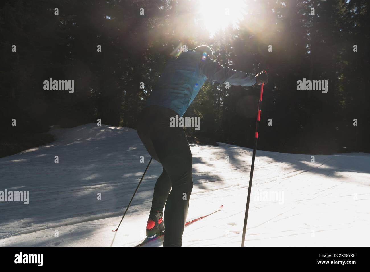 Nordic skiing or Cross-country skiing classic technique practiced by ...