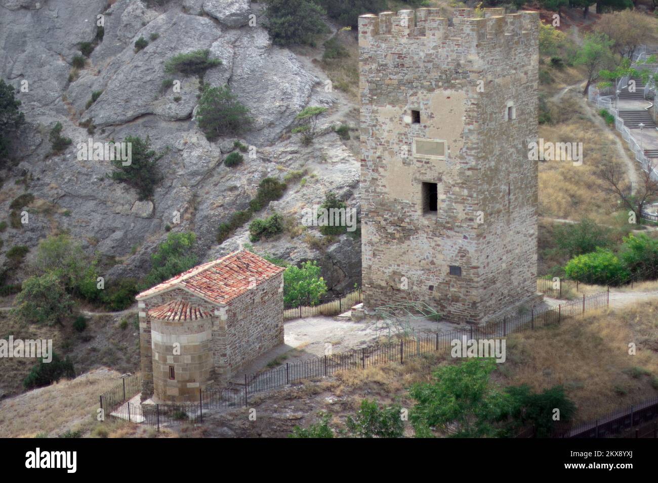 Towers Genoese fortress in Sudak city of Crimea.The fortress is located ...