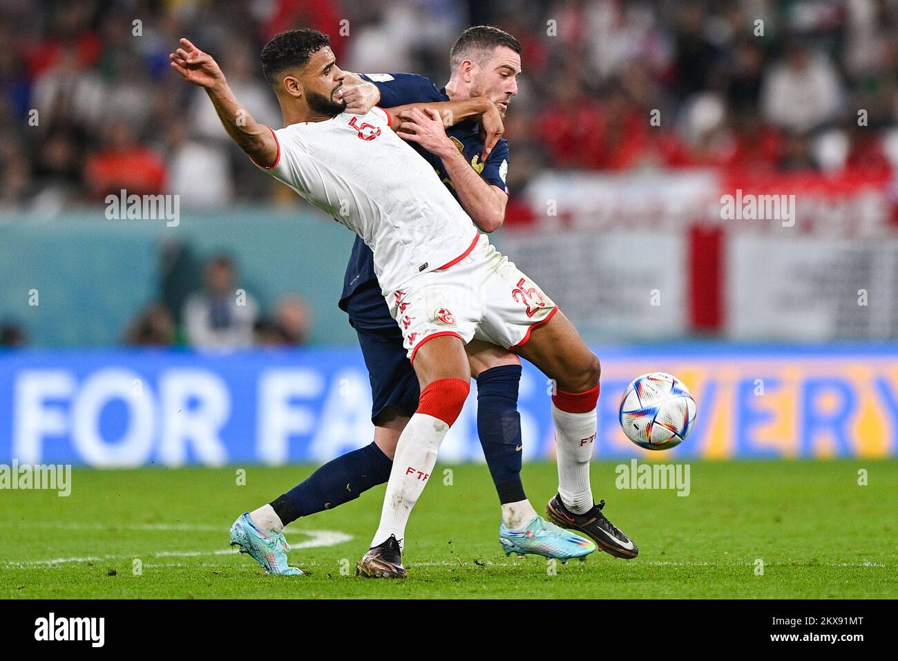 AL RAYYAN, QATAR - NOVEMBER 30: Anis Slimane of Tunisia battles for the ...