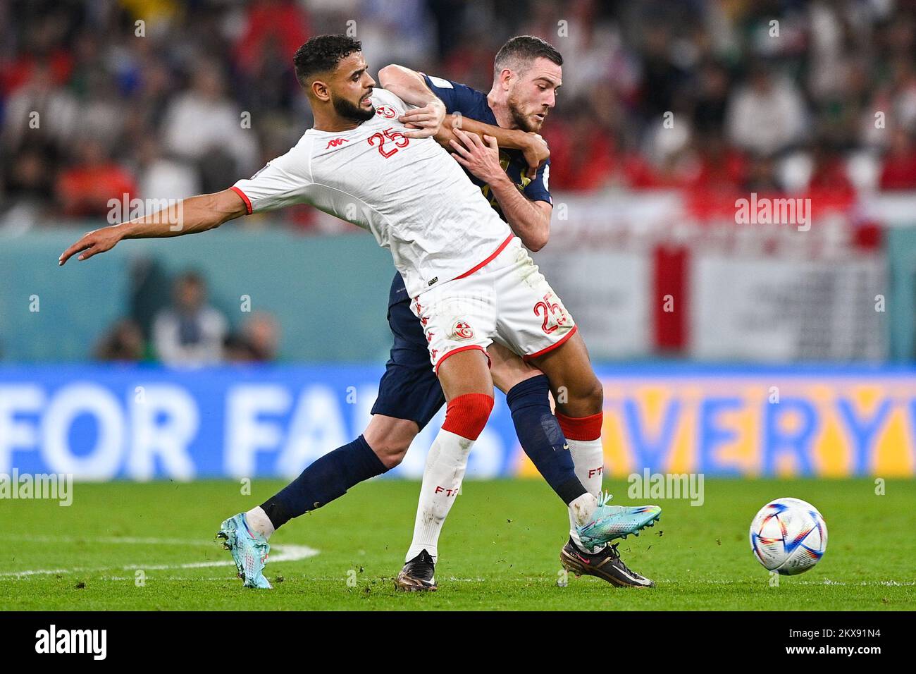 AL RAYYAN, QATAR - NOVEMBER 30: Anis Slimane of Tunisia battles for the ...