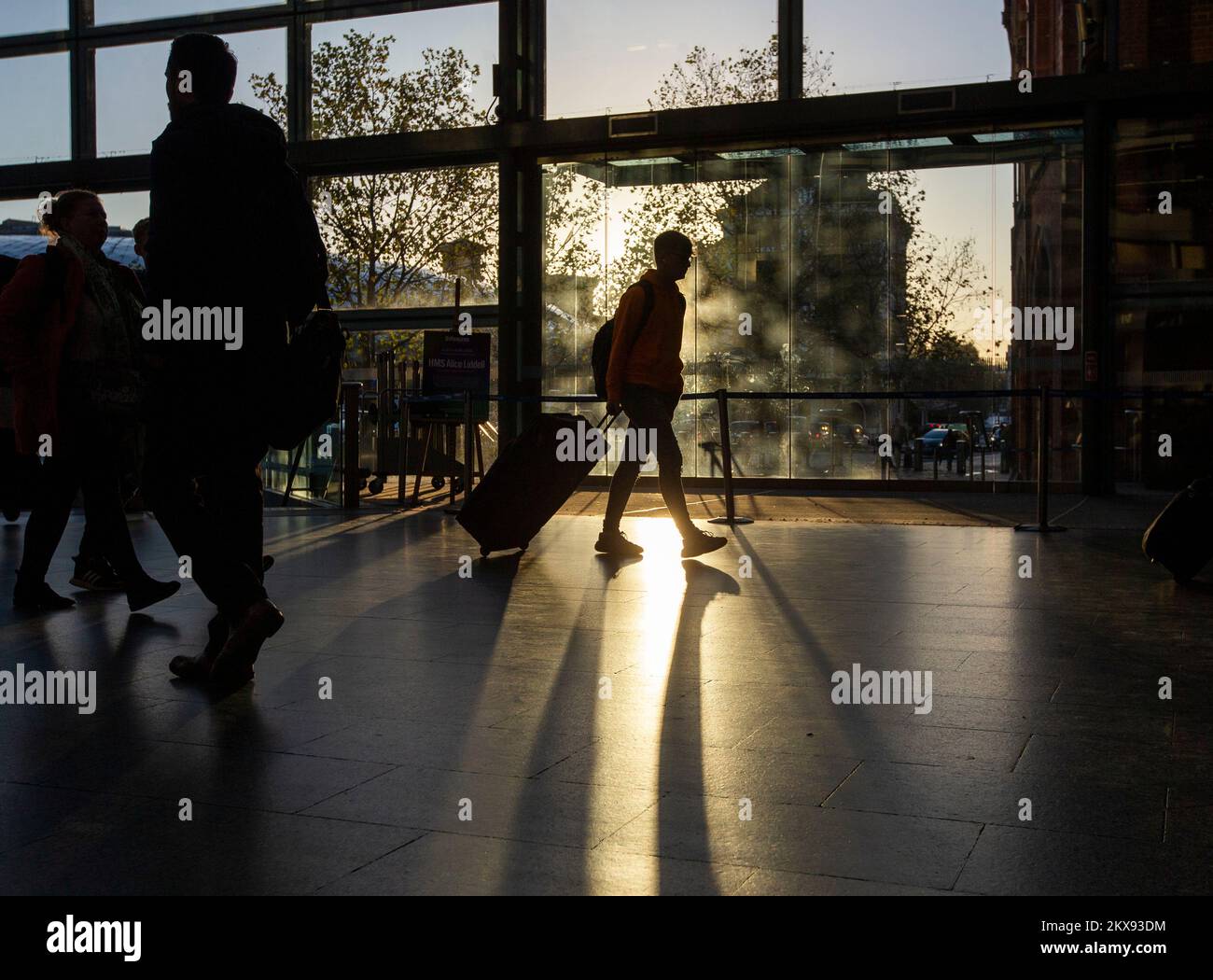 Silhouetted travellers and railway passengers with bags and suitcases ...