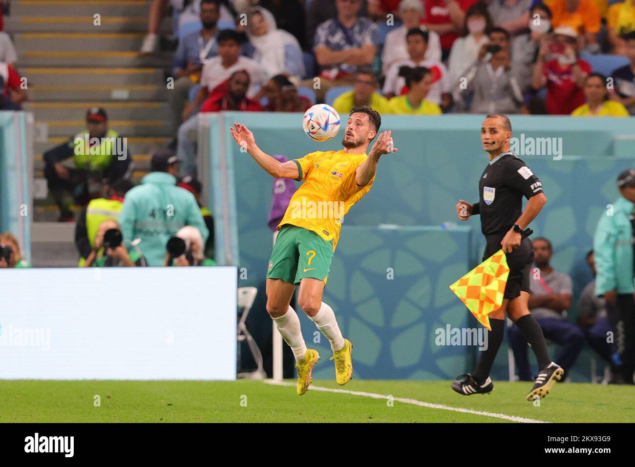 Al Wakrah, Qatar. 30th Nov, 2022. Mathew Leckie of Australia controls ...