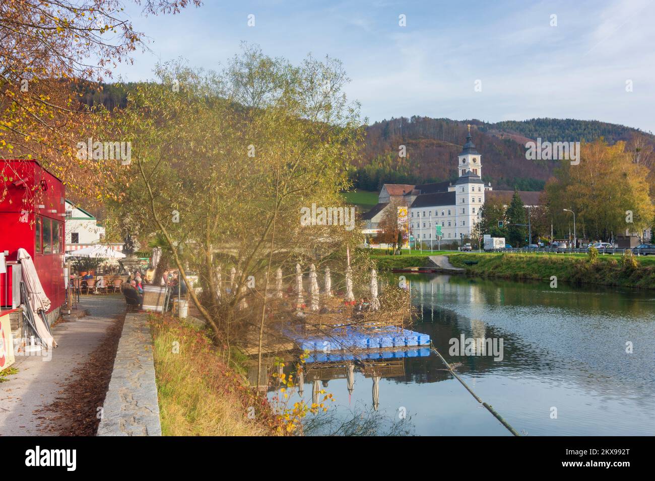 Lilienfeld: river Traisen, restaurant Salettl, Lilienfeld abbey in ...