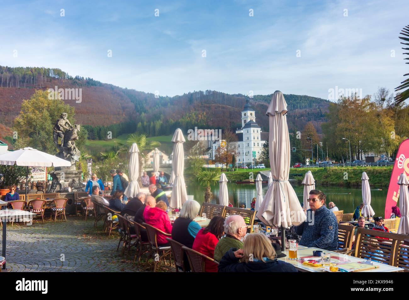 Lilienfeld: river Traisen, restaurant Salettl, Lilienfeld abbey in ...