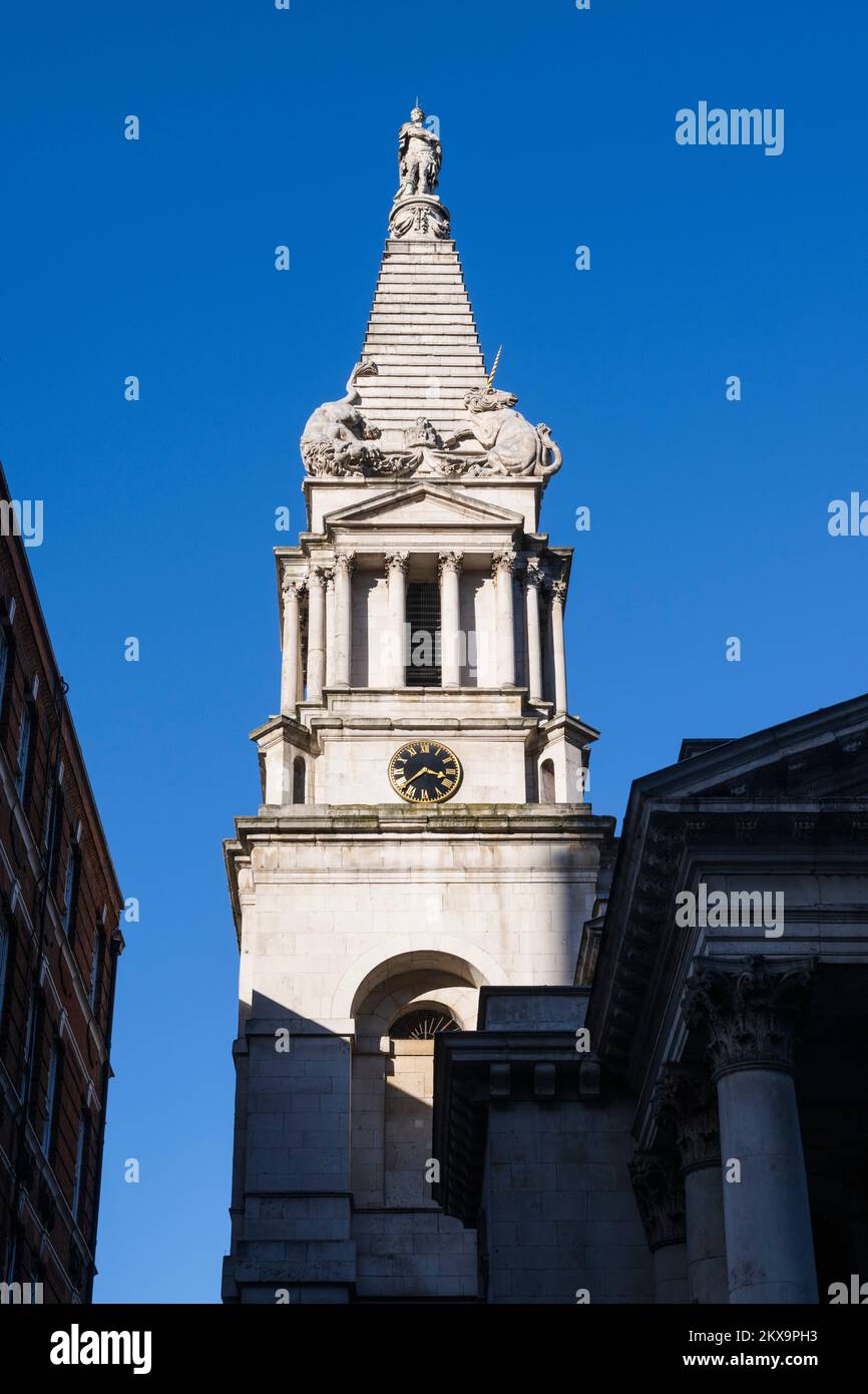 The stepped tower of St George's Church, Bloomsbury, topped by a statue ...