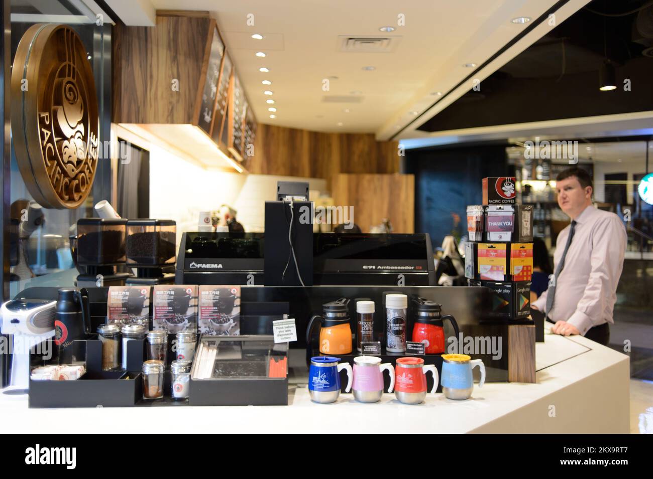 HONG KONG, CHINA - MAY 05, 2015: Pacific Coffee cafe interior. Pacific ...