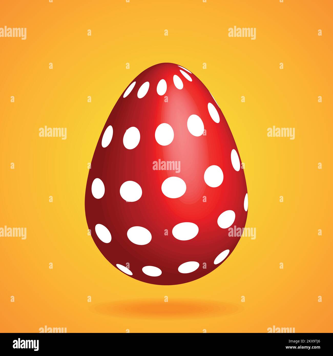 Red Easter egg with white spheres, with a shadow, on a yellow-orange background. Realistic ...