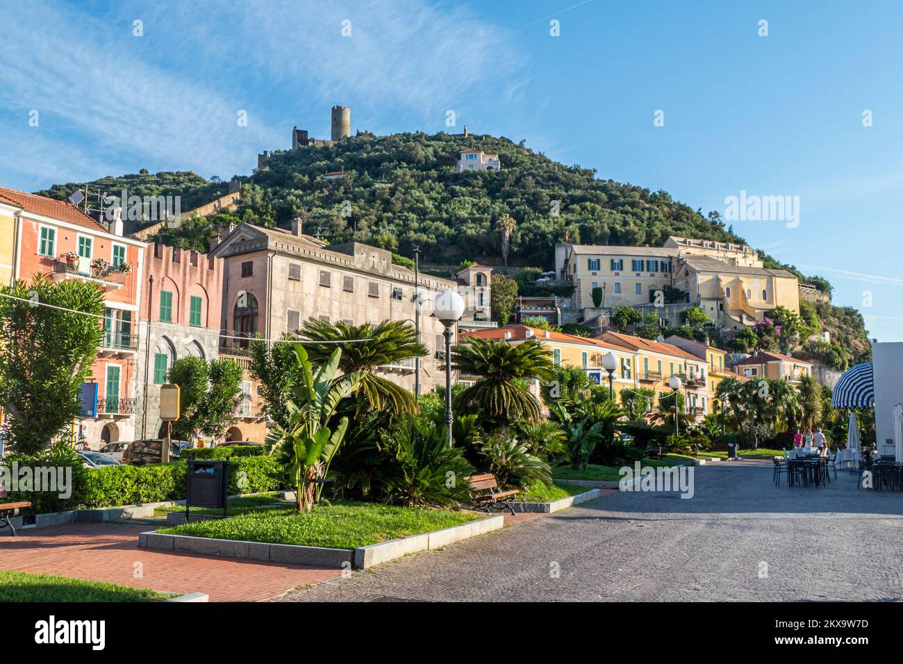 Noli, Italy - 07-07-2021: The promenade of Noli with beautiful colored ...