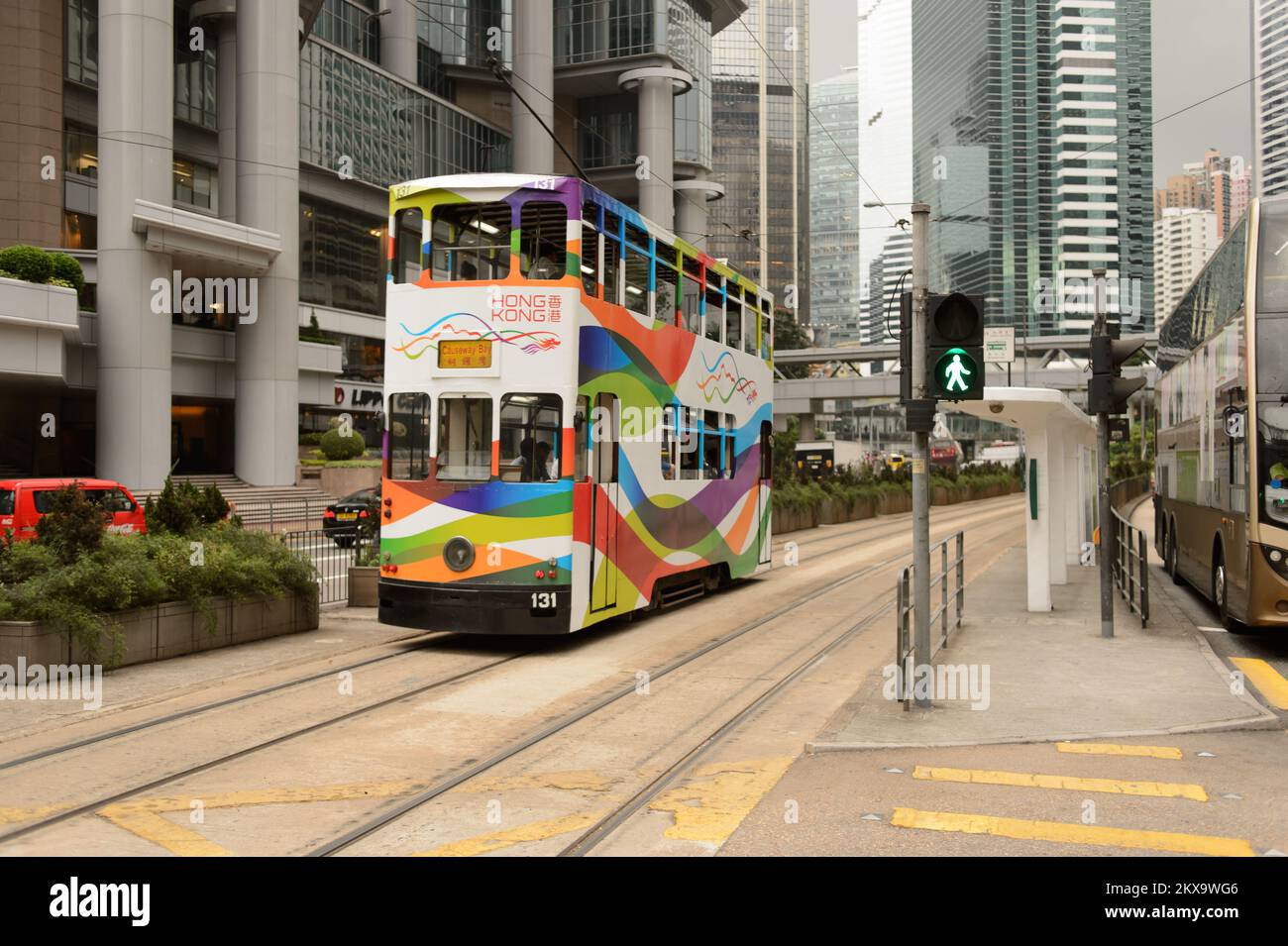 HONG KONG - MAY 05, 2015: double-decker tram on street of HK. Hong Kong ...