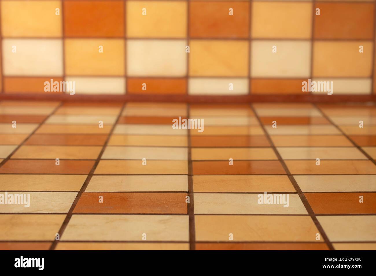 Rectangular ceramic tiles counter and backsplash mockup, soft focus ...