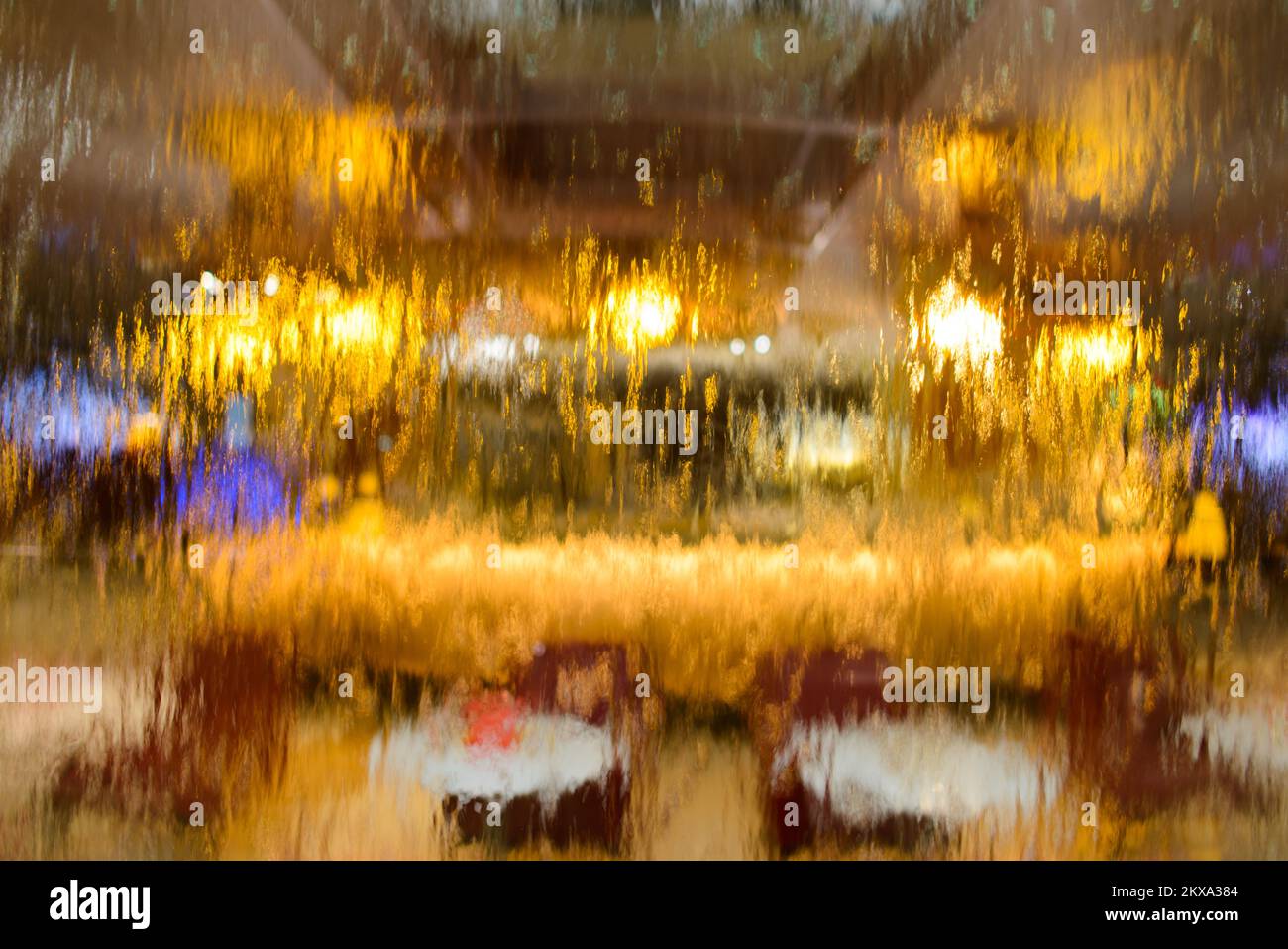 Food court in business lounge through glass wall with waterfall Stock ...