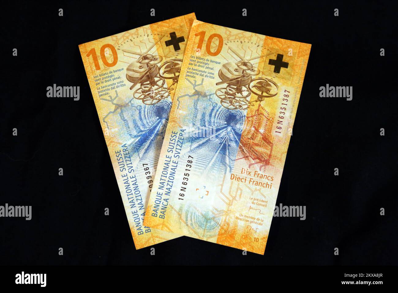 14.01.2019., Sibenik, Croatia - Swiss franc banknotes. 10-franc note ...