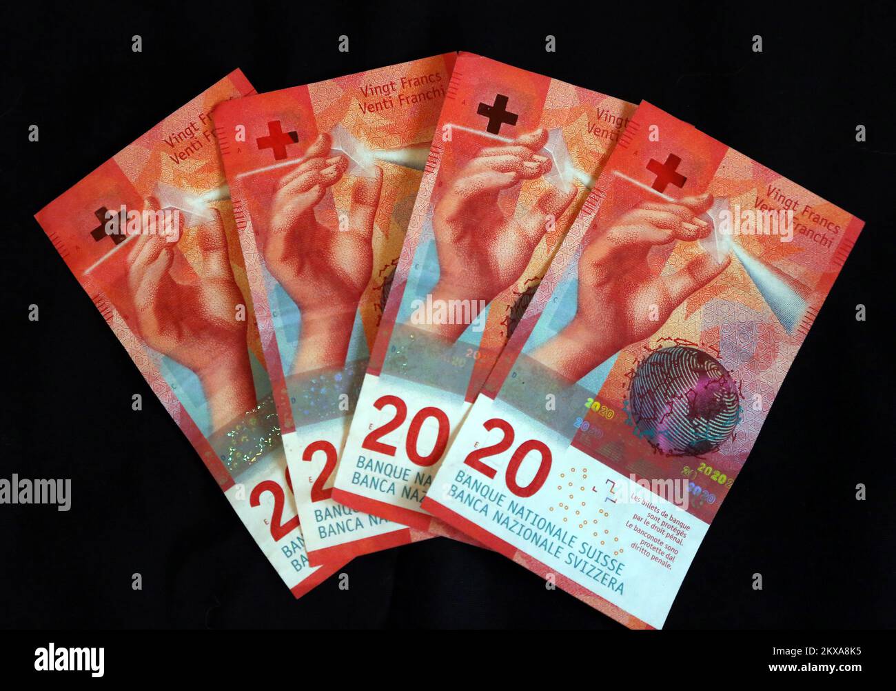 14.01.2019., Sibenik, Croatia - Swiss franc banknotes. 20-franc notes ...