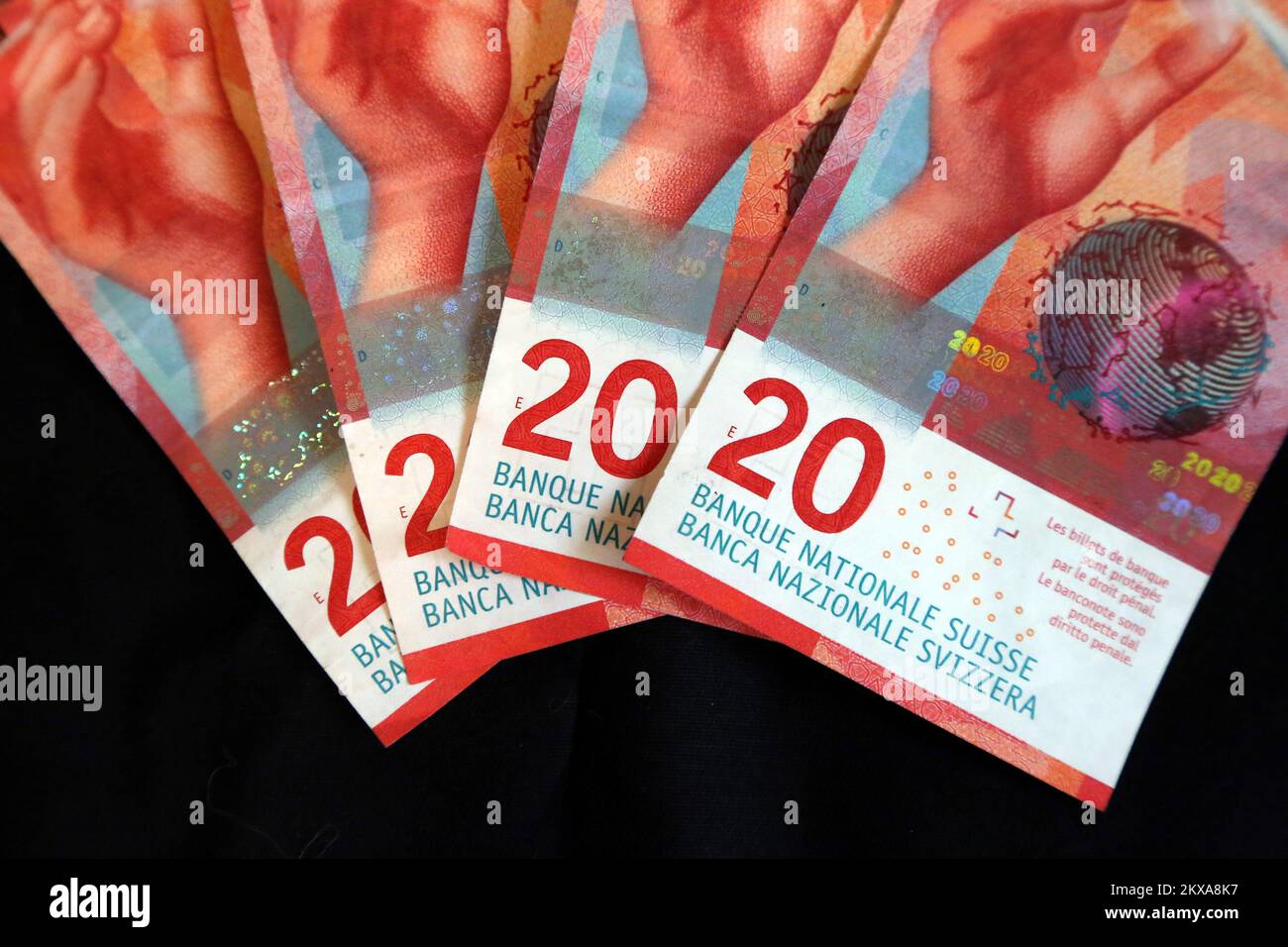 14.01.2019., Sibenik, Croatia - Swiss franc banknotes. 20-franc notes ...