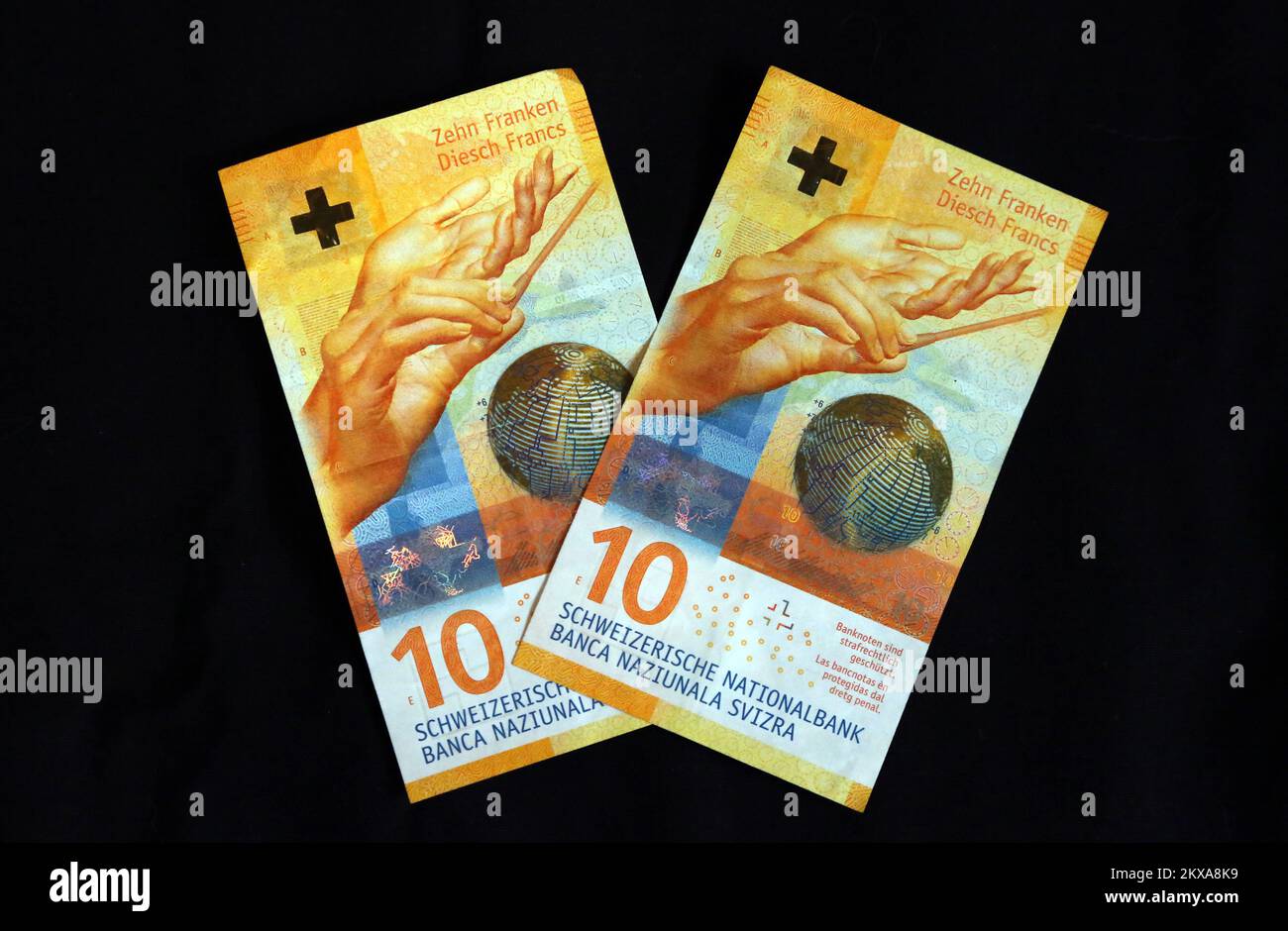 14.01.2019., Sibenik, Croatia - Swiss franc banknotes. 10-franc note ...