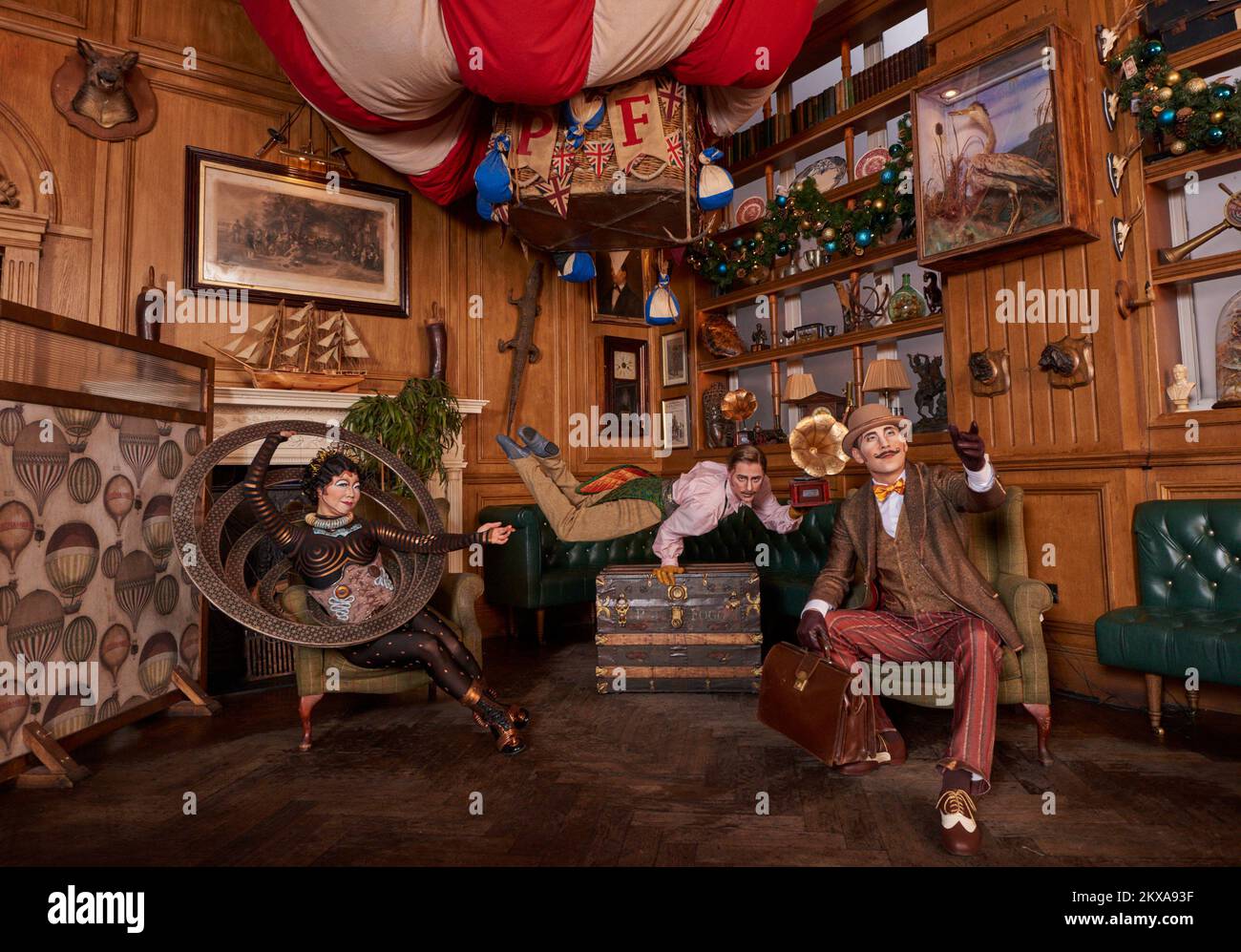 EDITORIAL USE ONLY Performers pose at Mr Fogg's Residence to mark the ...