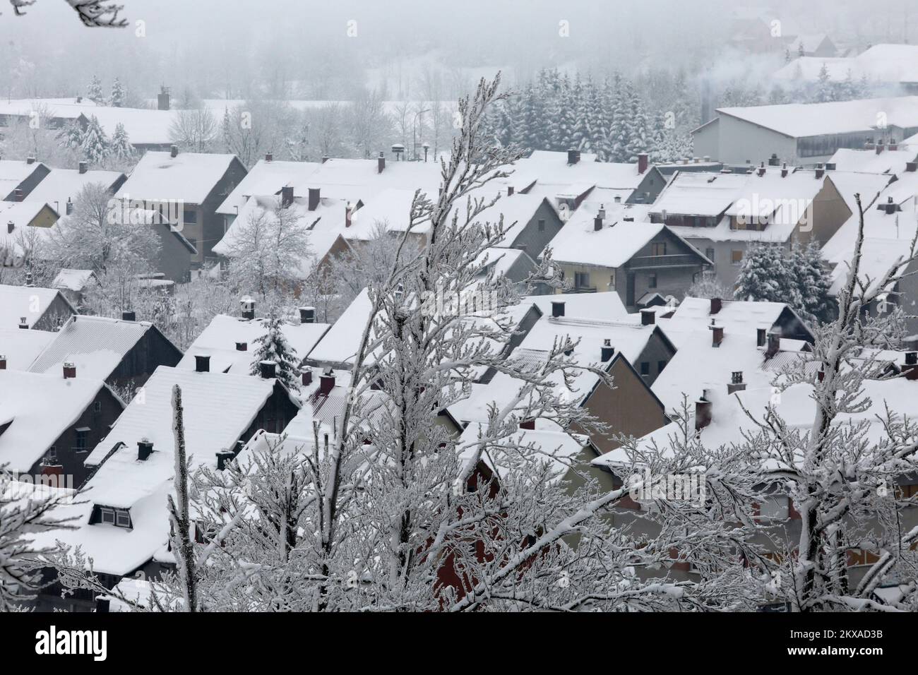 23.01.2019., Delnice, - Snow-covered town of Delnice in Croatia. Photo ...