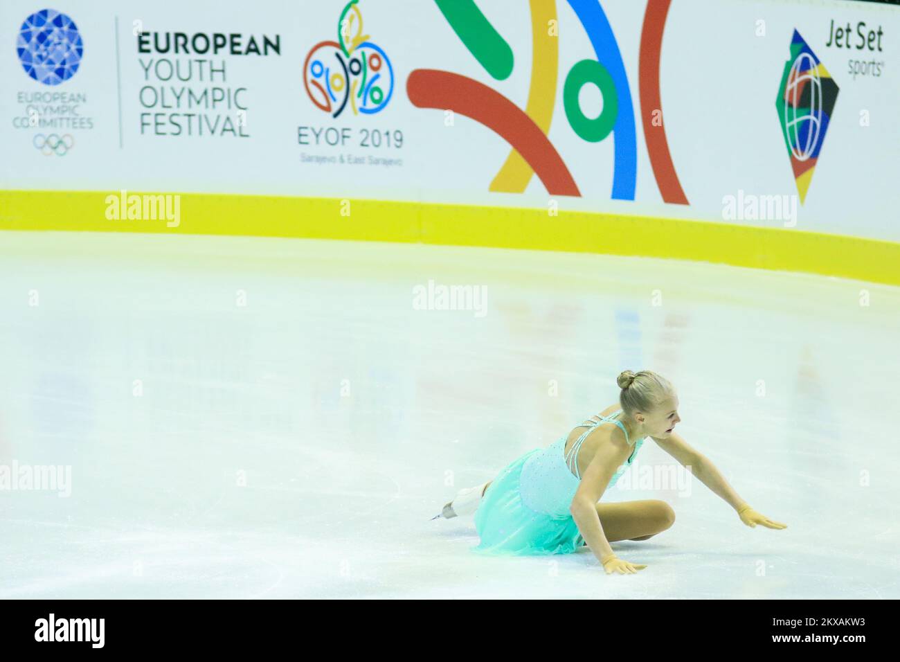performs in the women's short program during the 2019 EYOF figure ...
