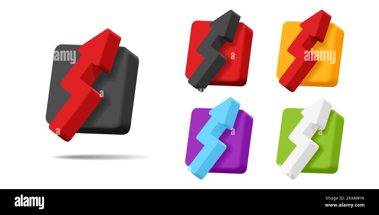 Set of 3d icons of arrow pointing up on a square volume shape in ...