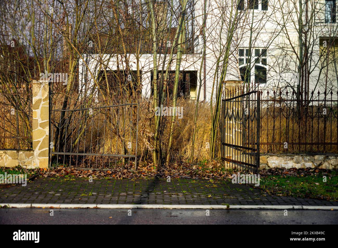 an abandoned mansion broken entrance gates and spearhead metal fence ...