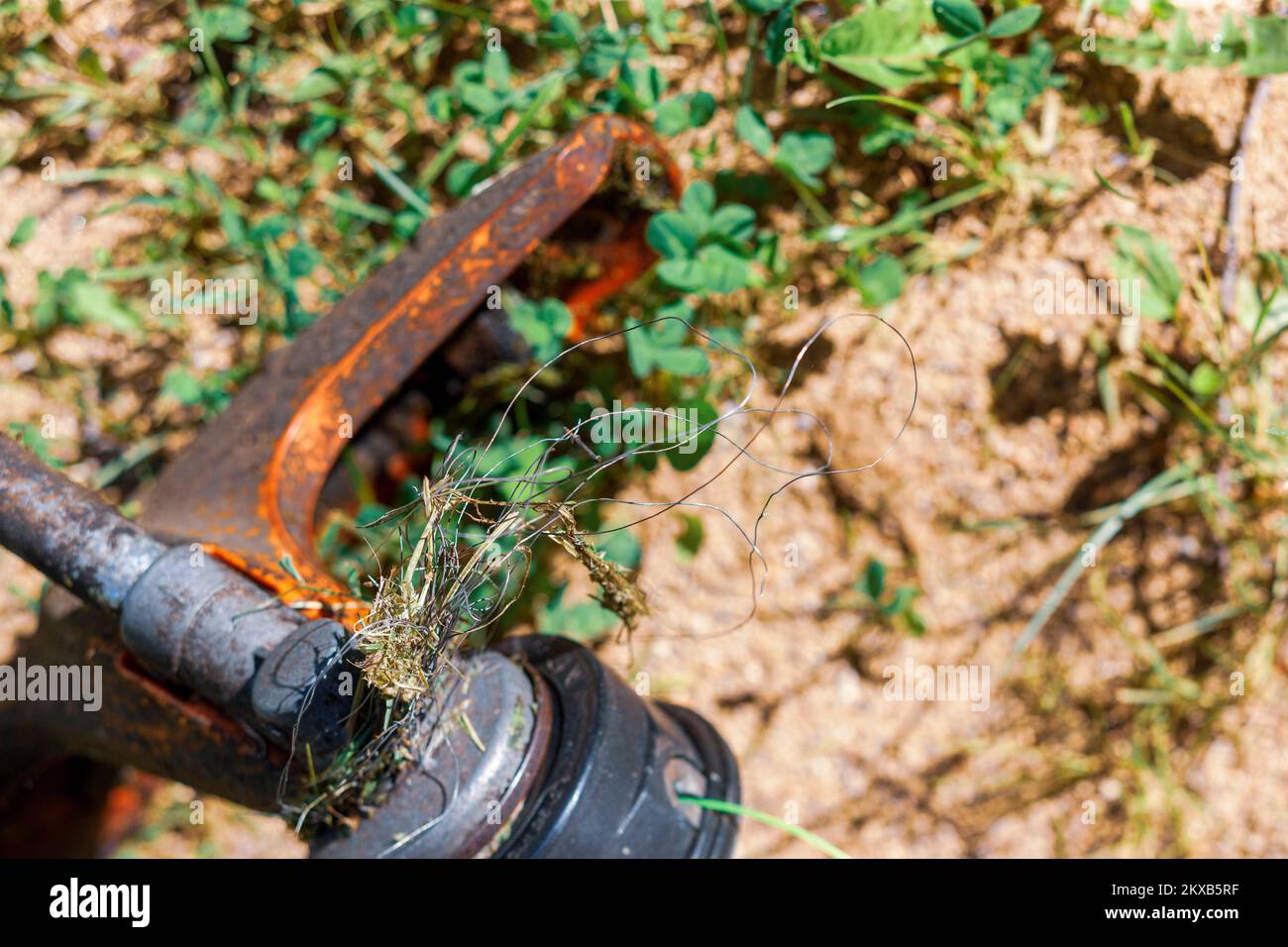 closeup of a wire wounded on a trimmer cutting head, outdoor closeup ...