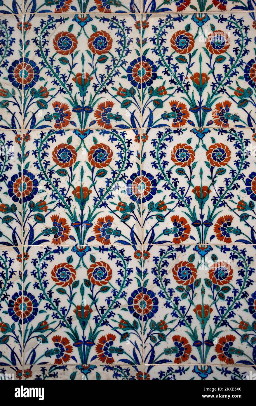 Seamless pattern white Turkish tiles with blue ornaments. Old surface ...