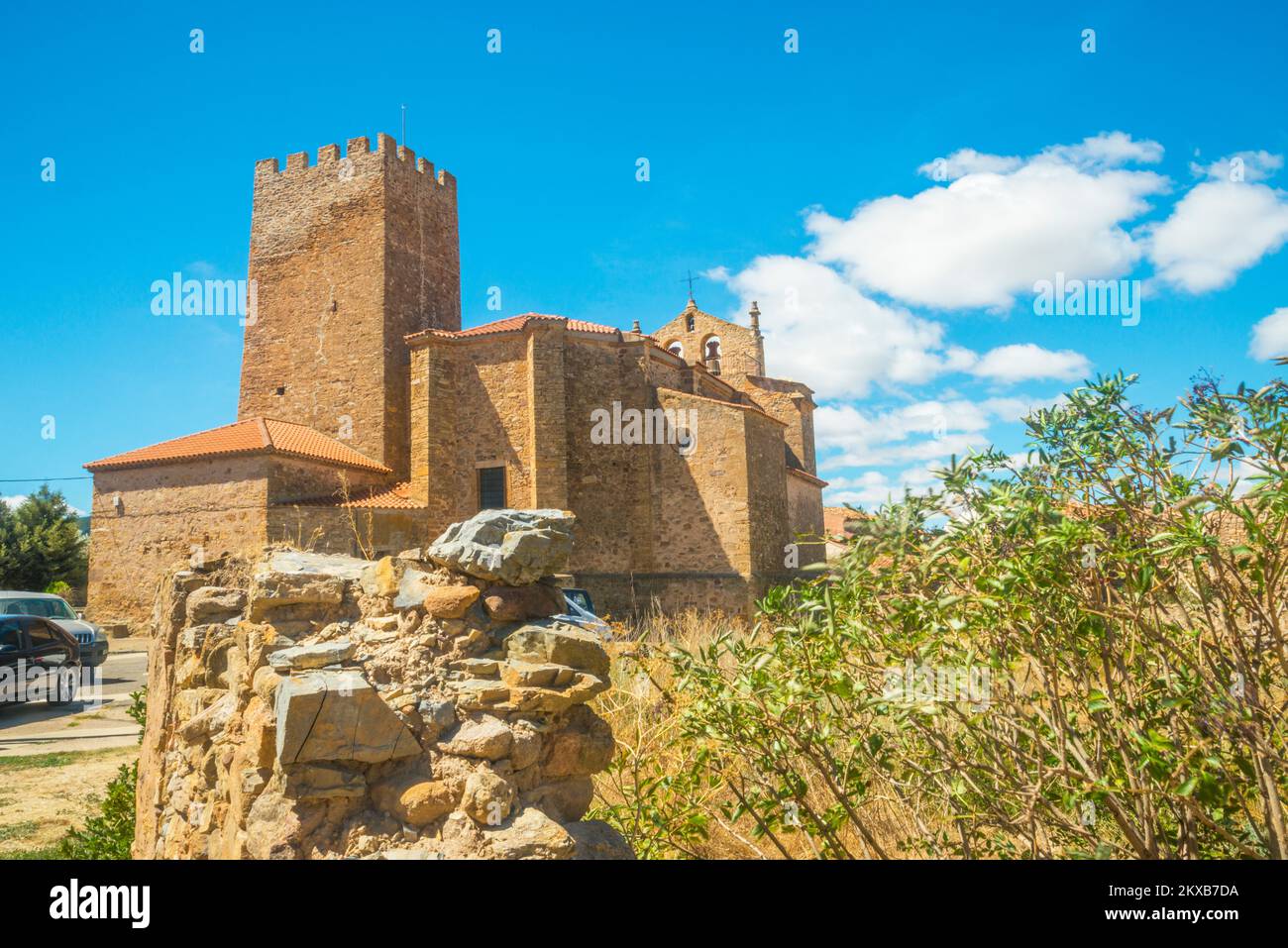 Medieval tower and church. Trebago, Soria province, Castilla Leon ...