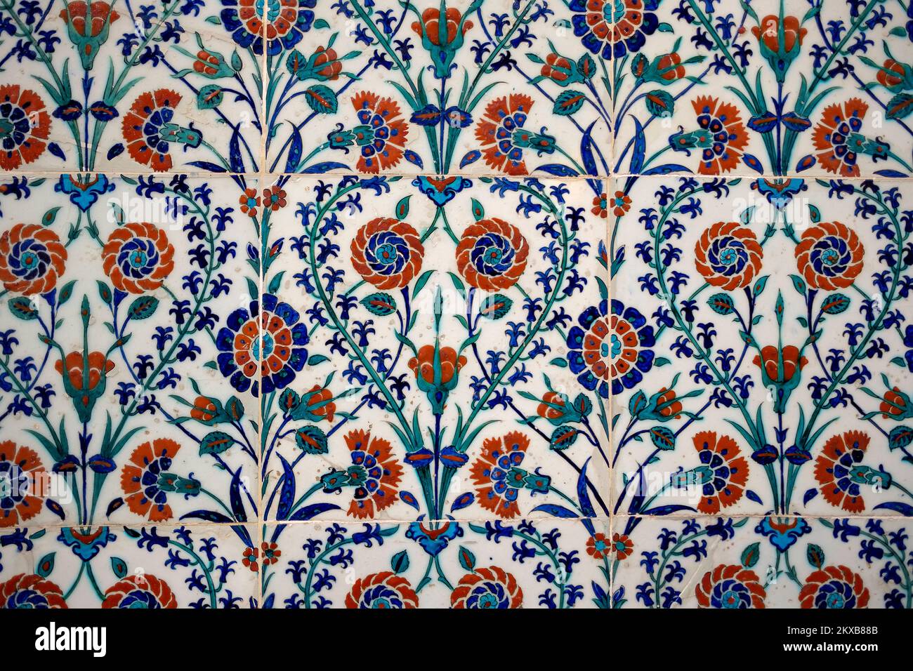 Seamless pattern white Turkish tiles with blue ornaments. Old surface ...
