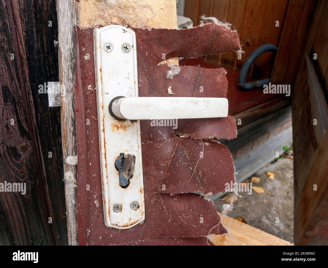 completely damage old entrance door, concept of burglary, outdoor ...