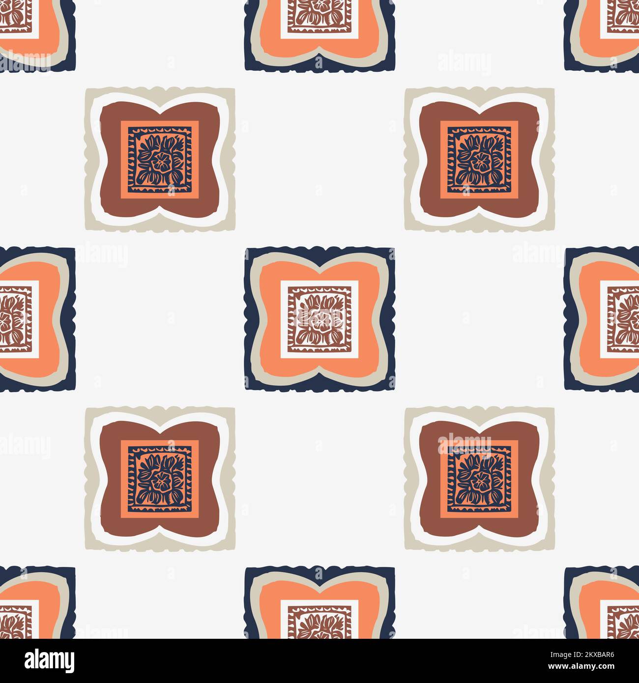 Hand drawn retro block print seamless pattern. Vector 80s vintage ...