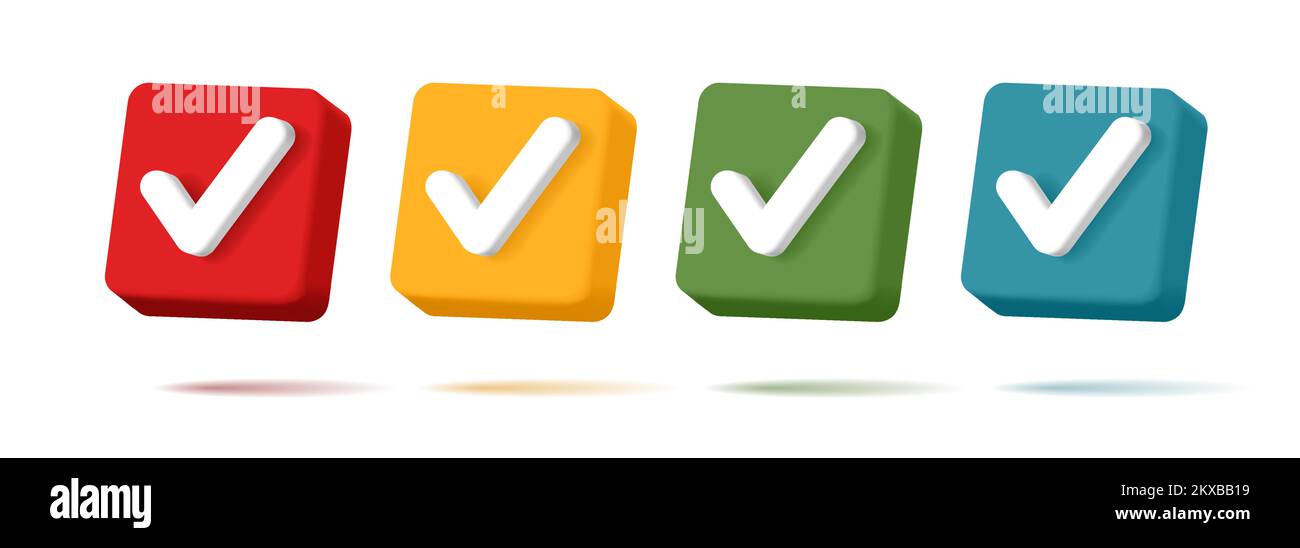 Set of 3d checkmark icons, volume tick on square shape, poll or vote ...