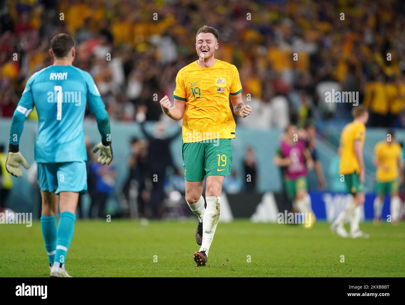 Australia's Harry Souttar (centre) celebrates advancement to the round ...