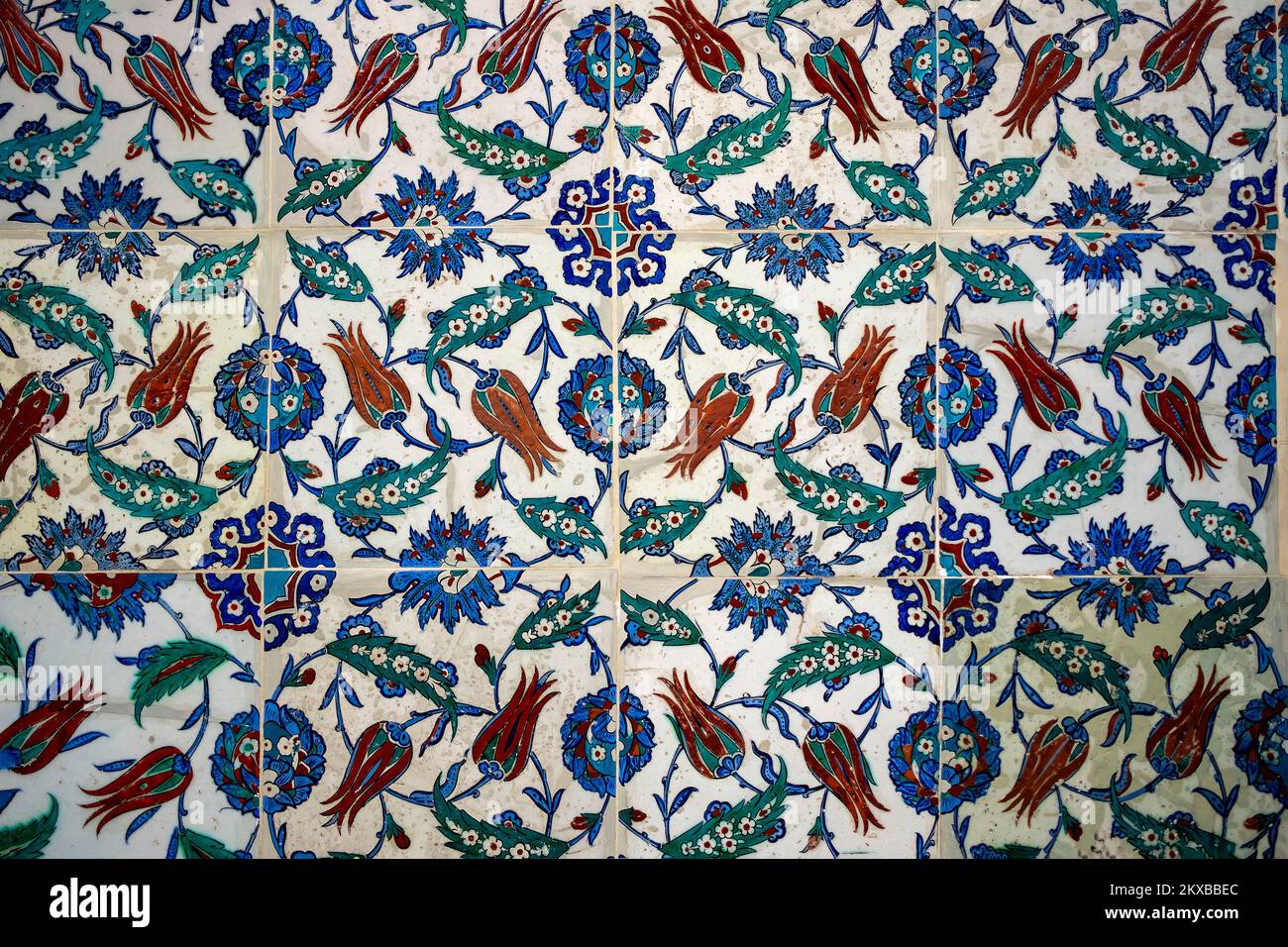 Seamless pattern white Turkish tiles with blue ornaments. Old surface ...